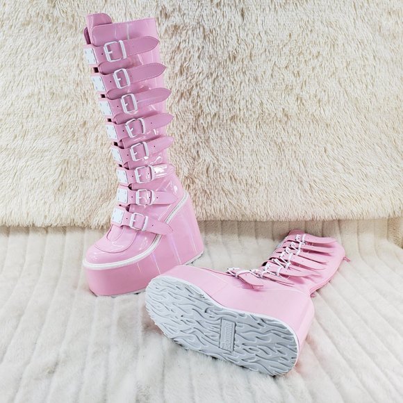 Demonia | Shoes | Pink Hologram Knee High Festival Platform Boots ...